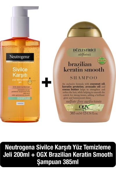 Neutrogena Sivilce Karşıtı Günlük Yüz Temizleme Jeli 200 ml + Ogx Şampuan Keratin Smooth 385ML Neutrogena Sivilce Karşıtı Günlük Yüz Temizleme Jeli 200 ml + Ogx Şampuan Keratin Smooth 385ML