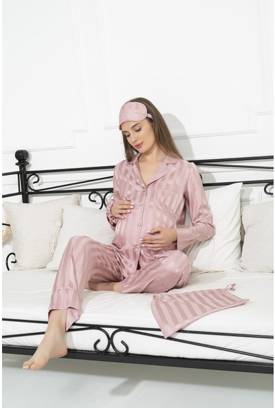 For You Mama 5 Li Saten Gül Kurusu Çizgili Pembe Pijama Takımı For You Mama 5 Li Saten Gül Kurusu Çizgili Pembe Pijama Takımı