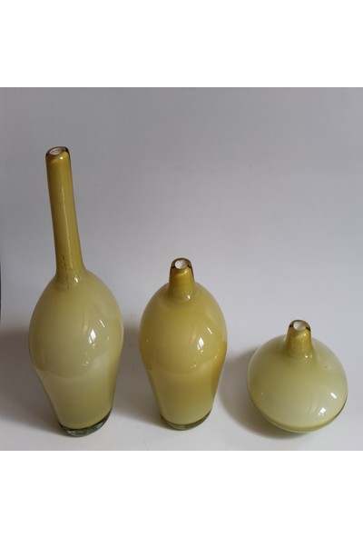 Blue Homess Dekoratif Üfleme Bej Cam 3'lü Dekoratif Vazo