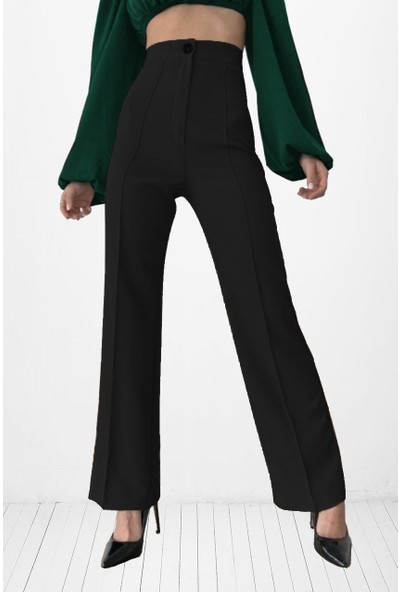 Ortaya Çık Siyah Yüksek Bel Crep Kumaş Palazzo Pantolon