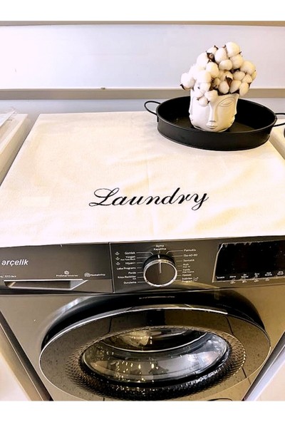Revon Çamaşır Makinesi Örtüsü Krem Laundry Baskılı Dekoratif Şık Lüx Kurutma Makina Örtü