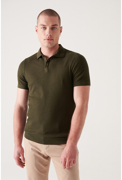 AVVA Polo Yaka Jakarlı Triko T-Shirt_haki
