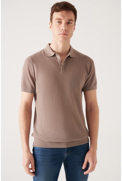 AVVA Polo Yaka Jakarlı Triko T-Shirt_vizon