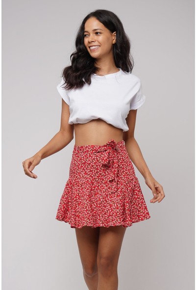 Kırmızı Çicek Desenli Şort Etek
