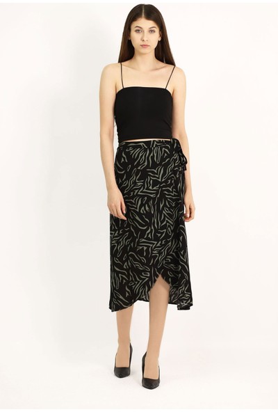 Siyah-Hakı Kuşaklı Desenli Etek