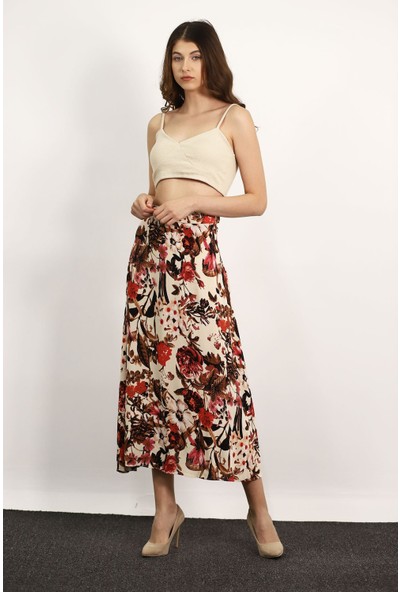 Ekru Gul Çicek Desenli Etek