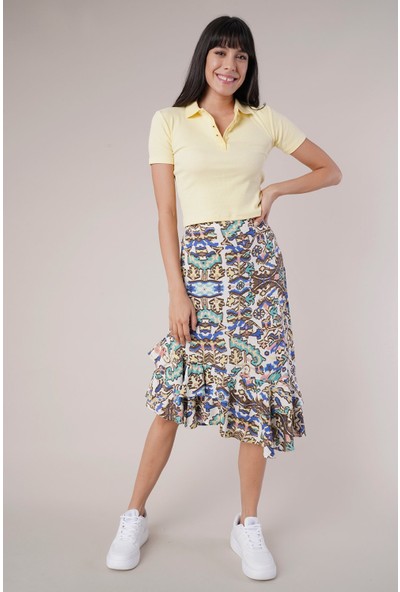 Kahve Fırfırlı Desenli Etek