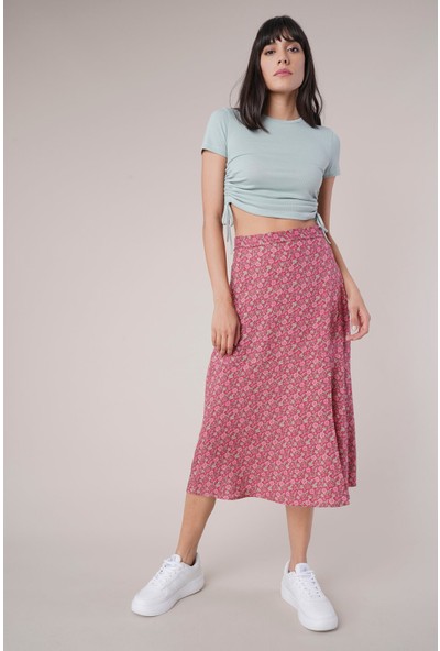 Gül Desenli Yırtmaçlı Etek