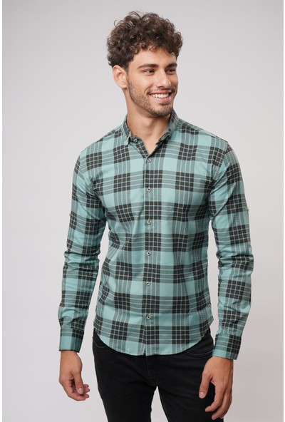 Mınt Düğmeli Ekose Gömlek