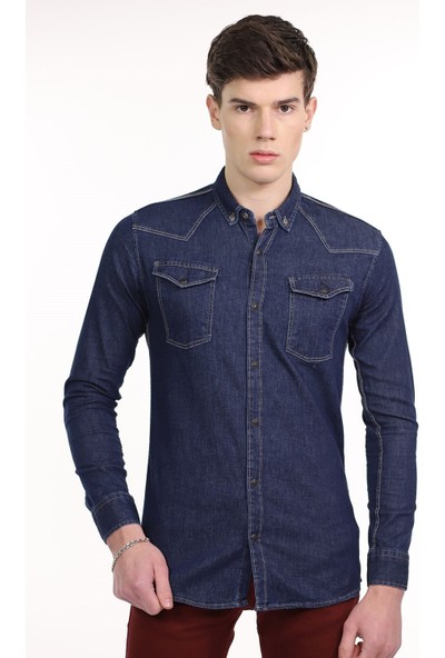 Lacivert Spor Dikişli Kot Gömlek