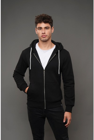 Siyah Kapüşonlu Fermuarlı Sweat