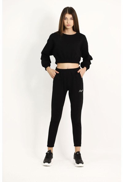 Siyah Paça Lastikli Baskılı Eşofman Altı