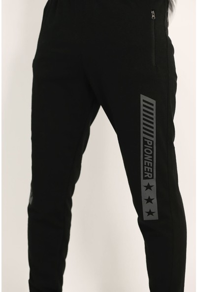 Siyah Paça Lastikli Baskılı Eşofman Altı