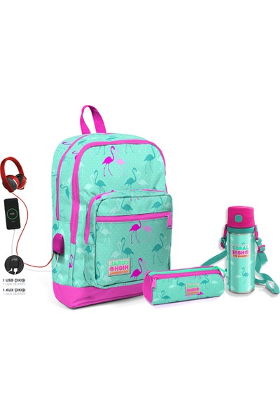 Coral High Kids Su Yeşili Flamingo Desenli Dört Bölmeli USB Şarjlı Kulaklık Çıkışlı 3'lü Çanta Seti ADYAYG23725-S1 Coral High Kids Su Yeşili Flamingo Desenli Dört Bölmeli USB Şarjlı Kulaklık Çıkışlı 3'lü Çanta Seti ADYAYG23725-S1