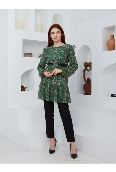 34 İstanbul Fashion City Kadın Şifon Kol Büzgülü Kemerli Desenli Tunik 2012 - Yeşil