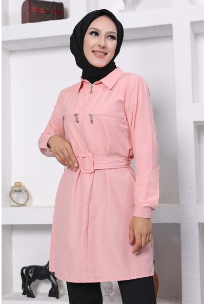 İmaj Butik Kemer Detaylı Tesettür Tunik/pudra