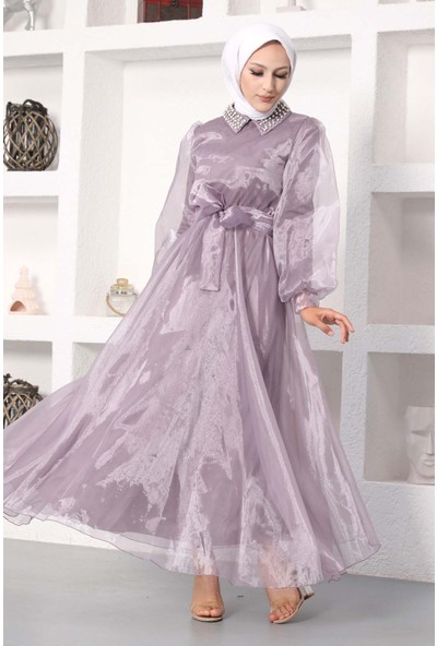 İmaj Butik Yakası Inci Detaylı Tesettür Abiye/lila