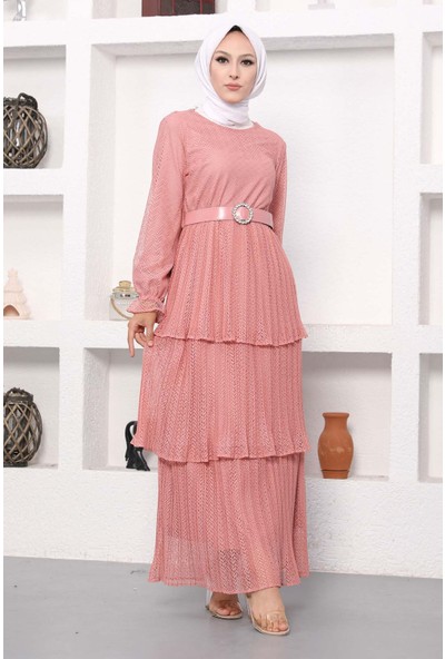 İmaj Butik Bileği Büzgülü Kat Detaylı Tesettür Elbise/pudra