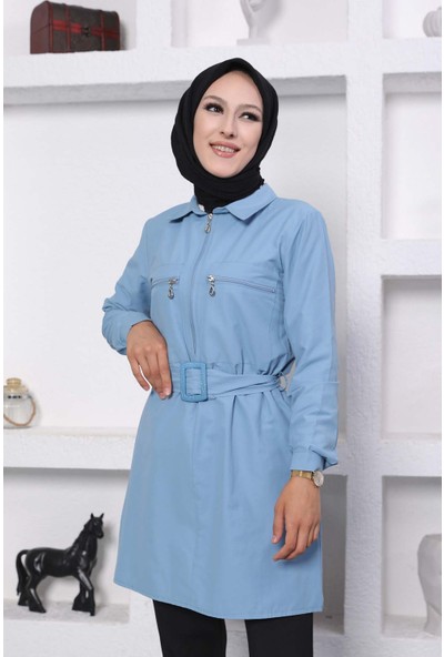 İmaj Butik Kemer Detaylı Tesettür Tunik/mavi