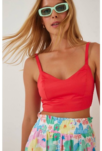 Iç Göstermeyen Spagetti Askılı Göğüs ve Sırt Dekolteli Sırt Bölümü Lastikli Detay Crop