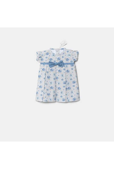 Fiorella Bigobaby Kız Çocuk Kurdale Detaylı Çıtçıtlı Bisiklet Yaka Mavi Beyaz Çiçekli Elbise 2950