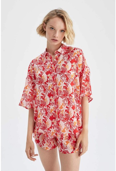 DeFacto Fall In Love Kısa Kollu Pijama Yaka Regular Fit Baskılı Üst X9836AZ22HS DeFacto Fall In Love Kısa Kollu Pijama Yaka Regular Fit Baskılı Üst X9836AZ22HS