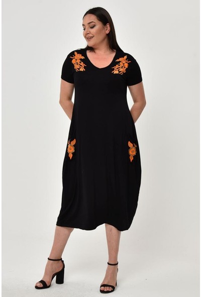 Kısmetsepeti Kadın Büyük Beden Etnik Nakış Desenli Şık Penye Elbise