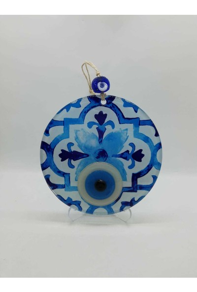 Denizin Ufku Nazarlıklı Mavi Çini Desen El Yapımı Cam Duvar Süsü 16x16 Cm