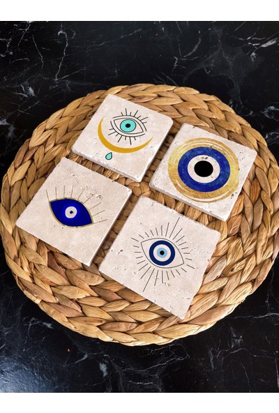 Begoloni Taş Bardak Altlığı 4'lü Set 10X10X1 cm Nazar Boncuğu Desenli Begoloni Taş Bardak Altlığı 4'lü Set 10X10X1 cm Nazar Boncuğu Desenli