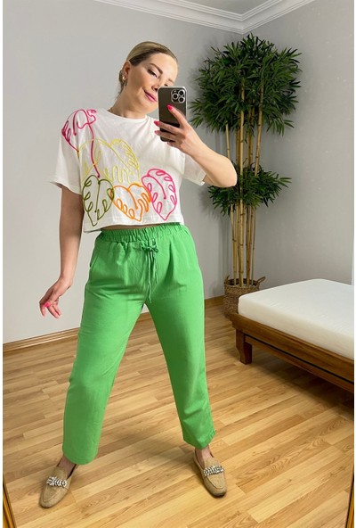 Zerrin Butik Keten Pantolon Yeşil