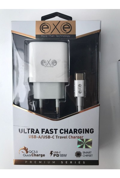 Exe Technology Exe Usb-C Pd 18W, USB A - USB C Seyahat Şarj Aleti Type-C To Type-C Kablolu Exe Technology Exe Usb-C Pd 18W, USB A - USB C Seyahat Şarj Aleti Type-C To Type-C Kablolu