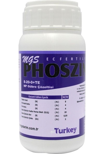 MGS Gübre Phoszınc 8-20-0+Te Fosforlu Gübre Çözeltisi 250 cc MGS Gübre Phoszınc 8-20-0+Te Fosforlu Gübre Çözeltisi 250 cc