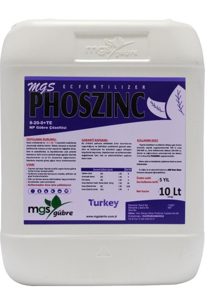 MGS Gübre Phoszınc 8-20-0+Te Fosforlu Gübre Çözeltisi 10 Lt