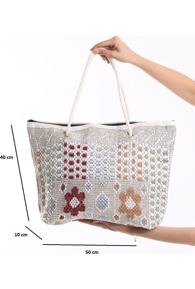 Desenli Kilim Örgü Halat Omuz Askılı Fermuarlı Plaj Çantası Desenli Kilim Örgü Halat Omuz Askılı Fermuarlı Plaj Çantası