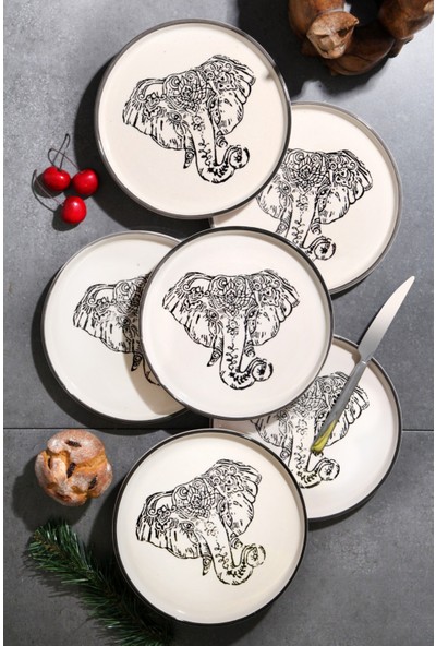 6 Kişilik Özel Tasarım Henna Fil Desenlistackable Pasta Tabağı