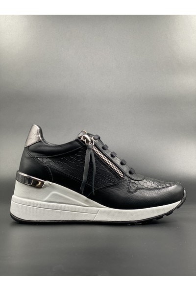 MAT DERİ Kadın Siyah Gizli Topuk Hakiki Deri Spor Ayakkabı