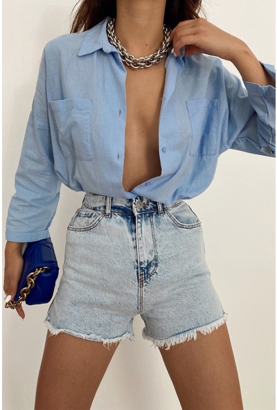 MyLove Distressed Yırtmaçlı Denim Şort Buz Mavi