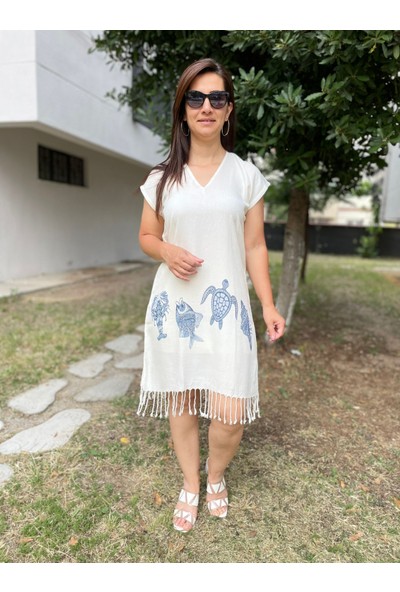 My-o Kadın Istiridye Desen V Yaka Peştemal Elbise My-o Kadın Istiridye Desen V Yaka Peştemal Elbise