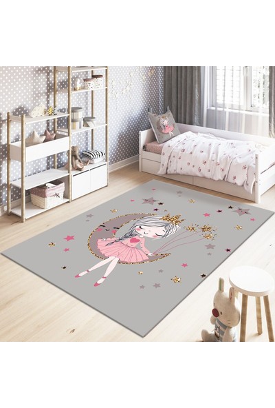Jungle Prenses Gri Renkli Ay Yıldızlı Kız Desenli Çocuk Halısı