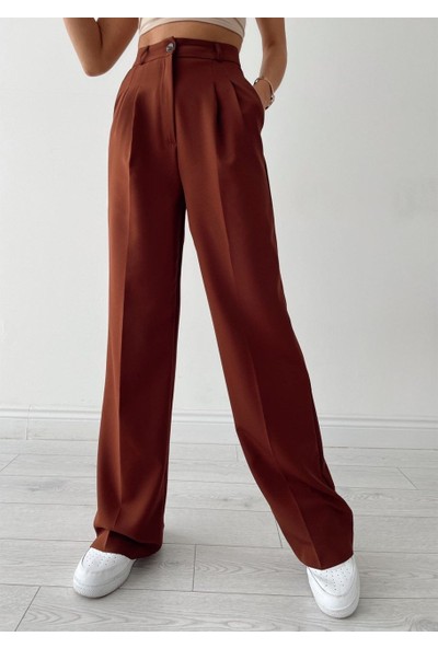 Ortaya Çık Kahve Pileli Kumaş Palazzo Pantolon