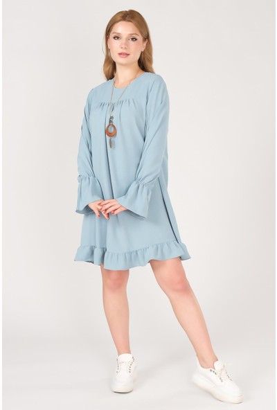 Giyim Dünyası Kadın Kolları ve Etek Ucu Volanlı Aksesuarlı Tunik Mint