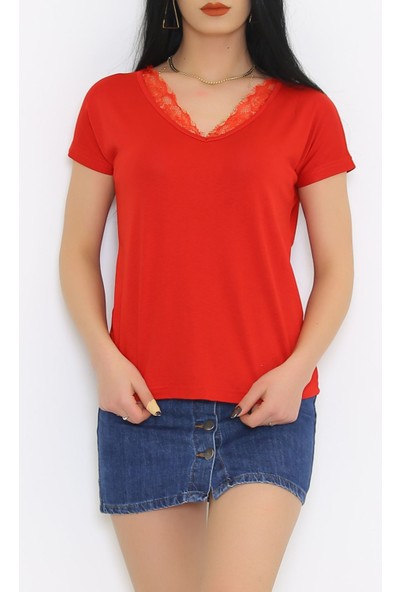 V Yaka Dantelli Bluz Kırmızı - 1184.1095.