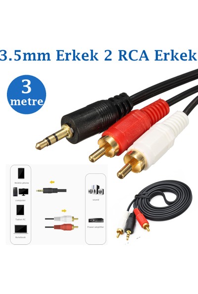Mavi Ay Bilişim 3.5 mm Erkek To 2rca Erkek Ses Kablosu Altın Kaplama - 3 Metre Mavi Ay Bilişim 3.5 mm Erkek To 2rca Erkek Ses Kablosu Altın Kaplama - 3 Metre