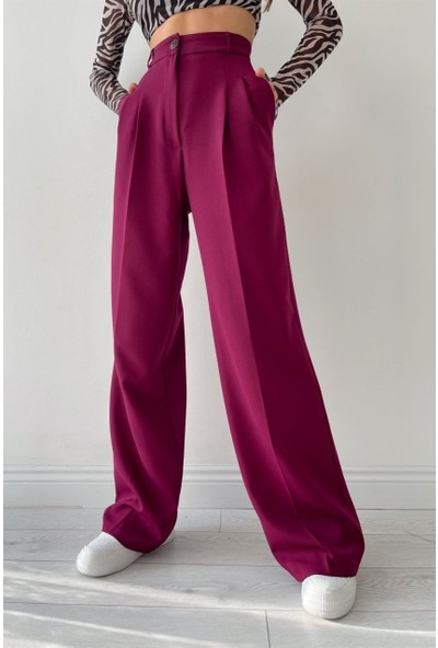 Ortaya Çık Mürdüm Pileli Kumaş Palazzo Pantolon