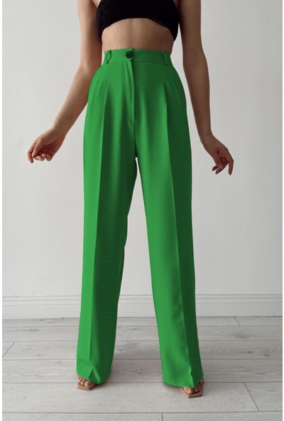 Ortaya Çık Yaprak Yeşil Pileli Kumaş Palazzo Pantolon