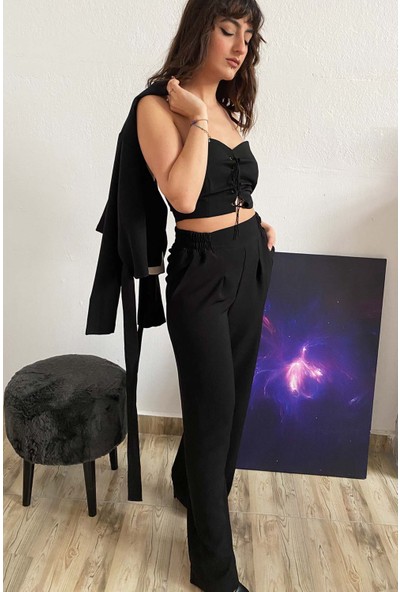 Kadın Beli Büzgülü Yüksek Bel Siyah Bol Paça Pantolon