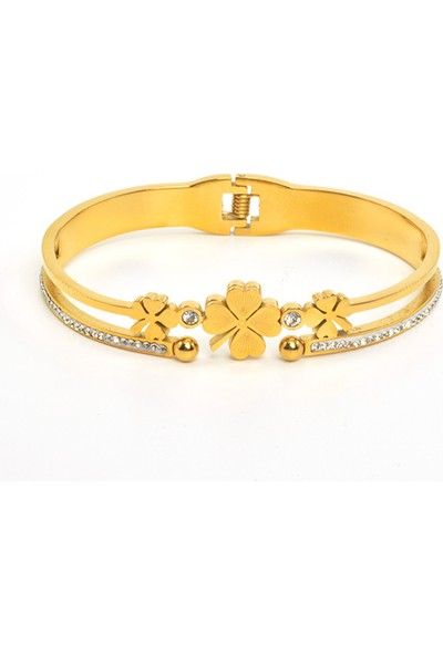 Gold Taş ve Yonca Detay Kelepçe Bileklik