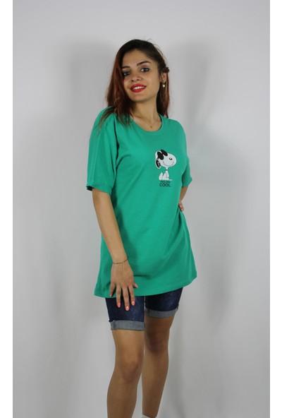YGMR Raindrops Bisiklet Yaka Snoopy Baskılı Yeşil Bayan T-Shirt