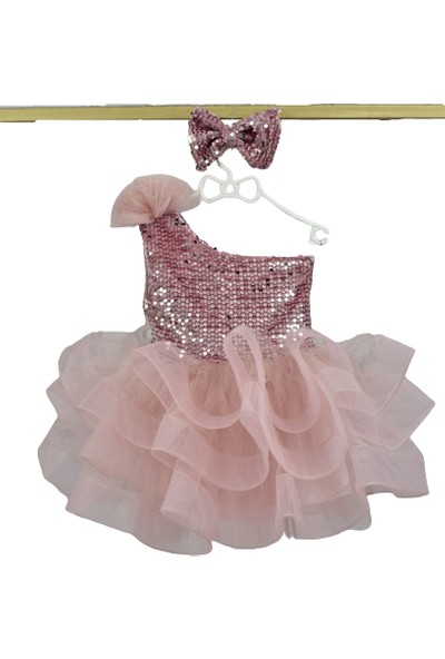 Ellussi Pudra Payetli Grenli Tek Omuz Kabarık Elbise