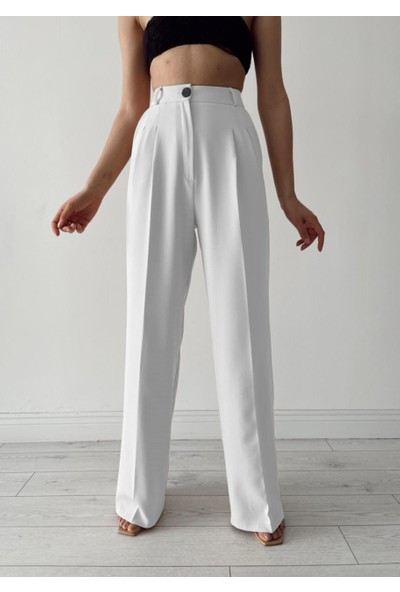 Ortaya Çık Beyaz Pileli Kumaş Palazzo Pantolon